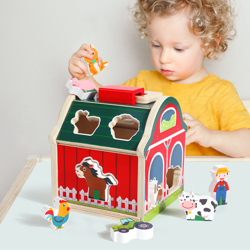 Portable Wooden Farm Toy: Shape Sorter & Animal Playset
